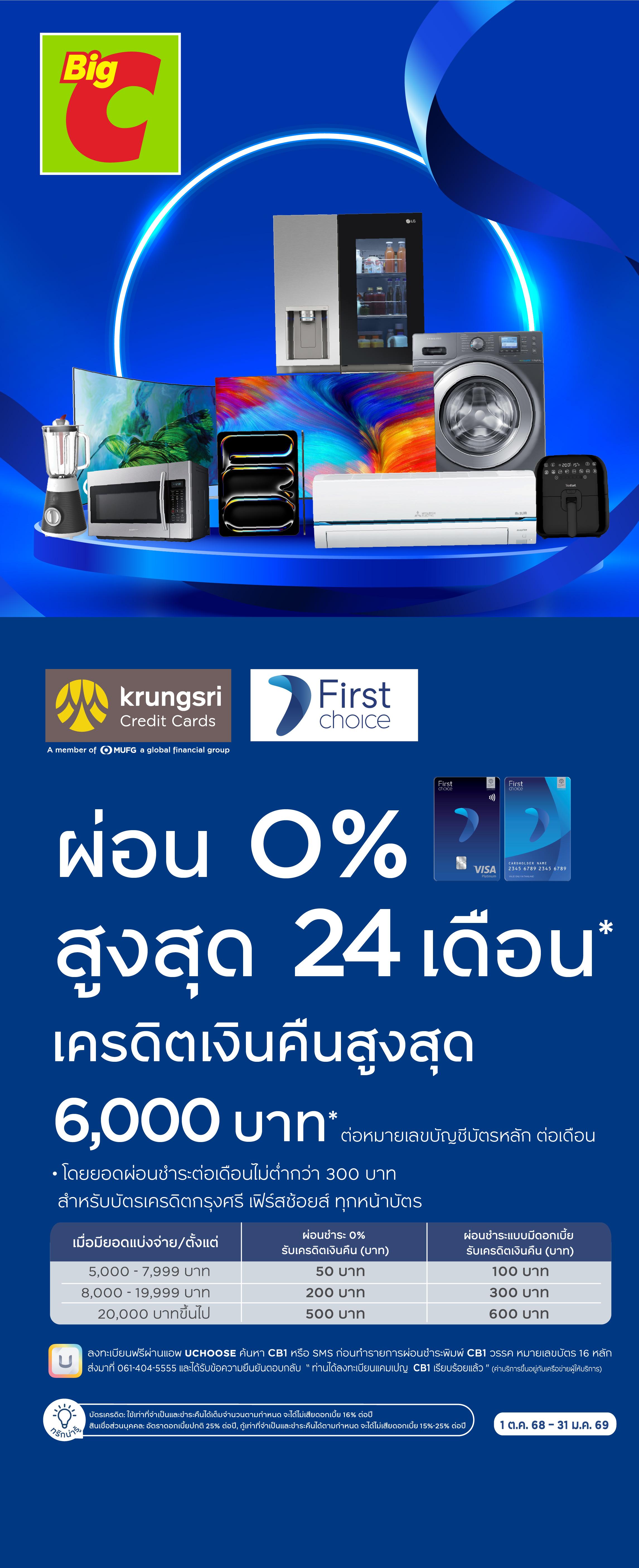 ช้อปที่บิ๊กซีกับบัตรเครดิต Krungsri Firstchoice รับเครดิตเงินคืนสูงสุด 6,000 บาท